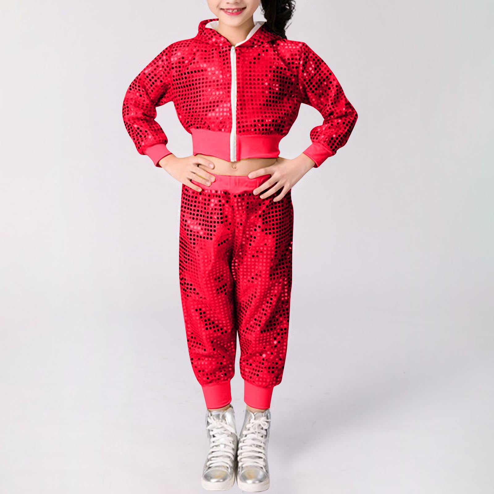 MKOSPLRT 2Pcs Girls Dance Outfits Cropped Sequin Zip Up Hoodies Sweat Pants Set Kids Hip Hop ...