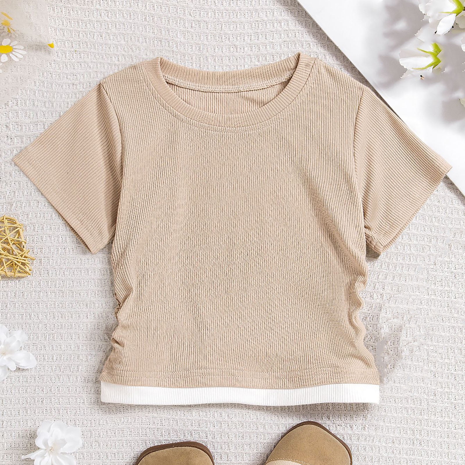 MKOSPLRT 3-10 Years Short Sleeve Tops for Girl Crew Neck Ruched Shirts ...