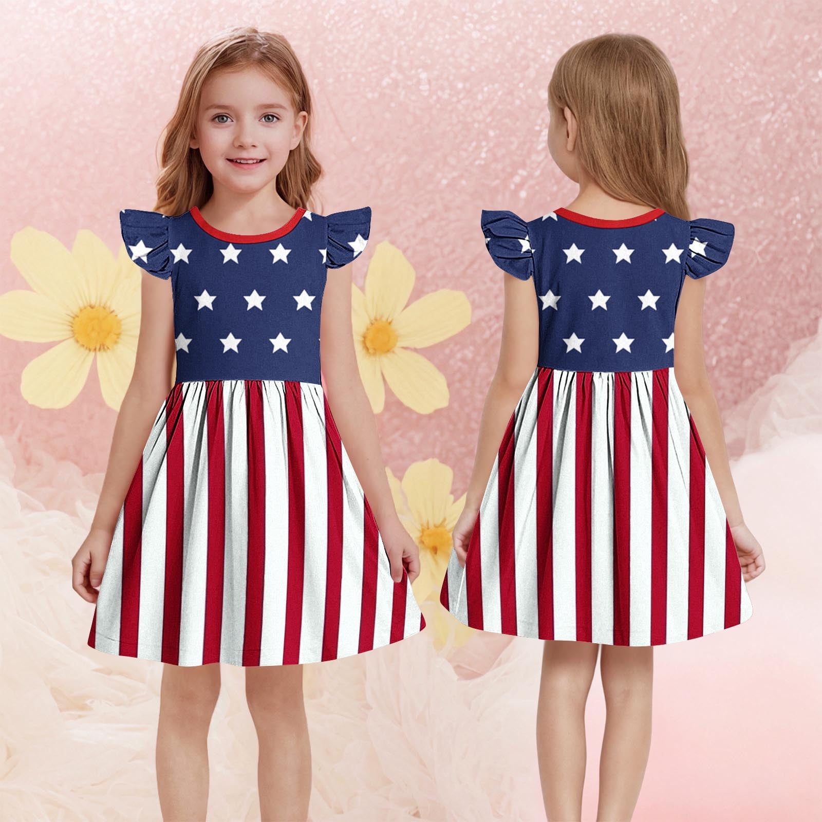 MKOSPLRT 3-14 Years Girls 4th of July Dresses Flying Sleeve Stars ...