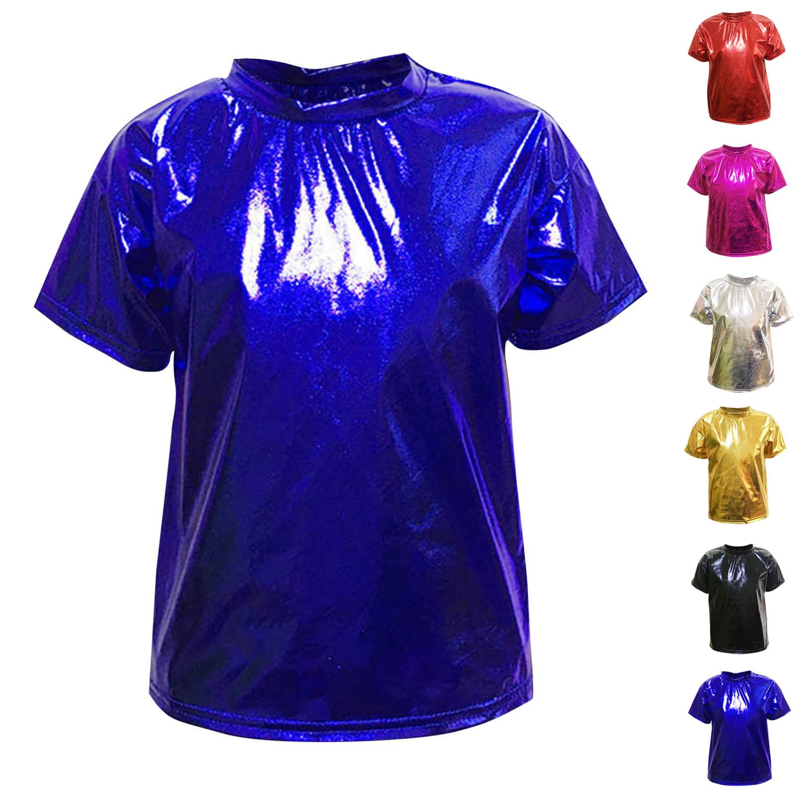 MKOSPLRT 3-16 Years Metallic Shirts for Girls Short Sleeve Mock Neck ...