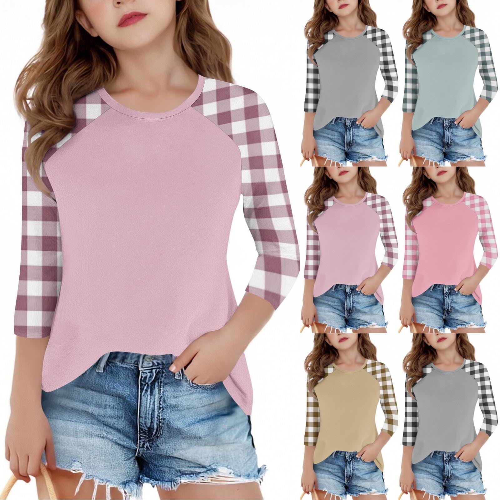 MKOSPLRT 3/4 Length Sleeve Girls Tops Crew Neck Palid Raglan Shirts ...