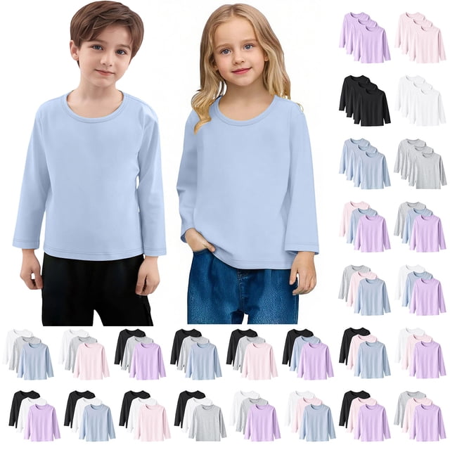 MKOSPLRT 3 Pack Long Sleeve Shirts for Kids Girls Boys Crew Neck Cotton ...