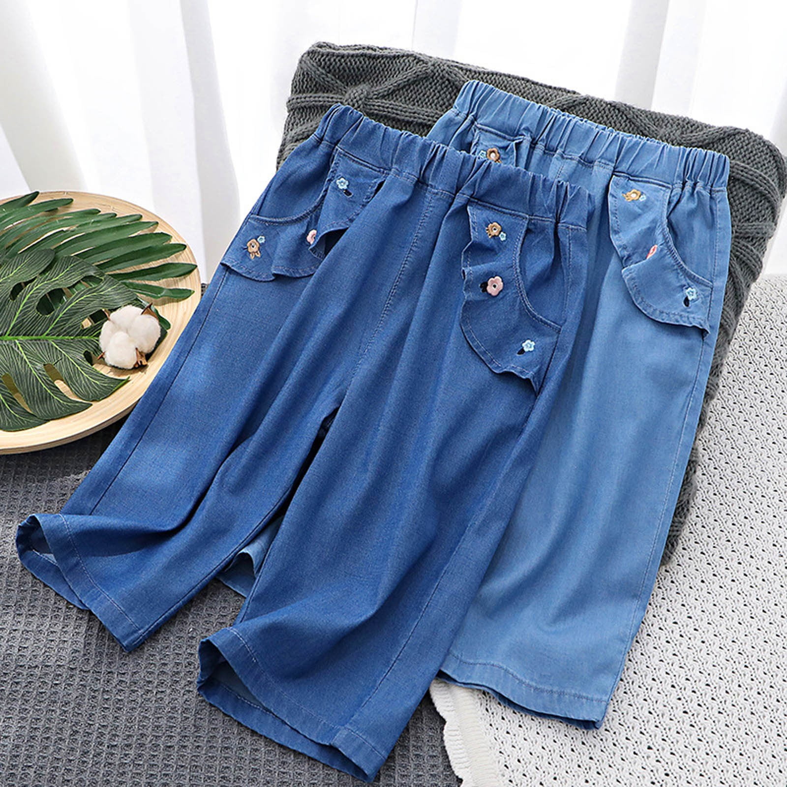 MKOSPLRT 5-12 Years Capri Jeans for Girl Elastic Waist Baggy Denim ...