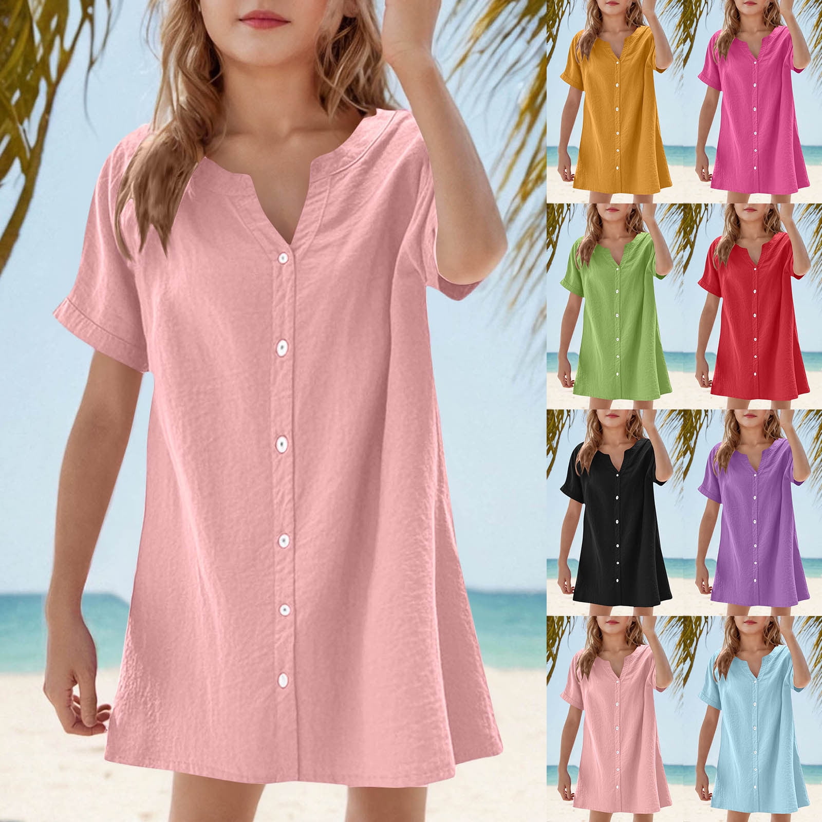 MKOSPLRT Button Down Shirts for Girl 5-14 Years Short Sleeve Linen ...