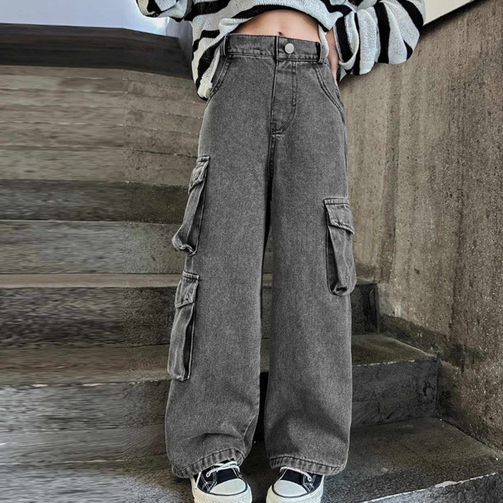 MKOSPLRT Cargo Jeans for Girl High Waist Wide Leg Denim Pants Retro ...