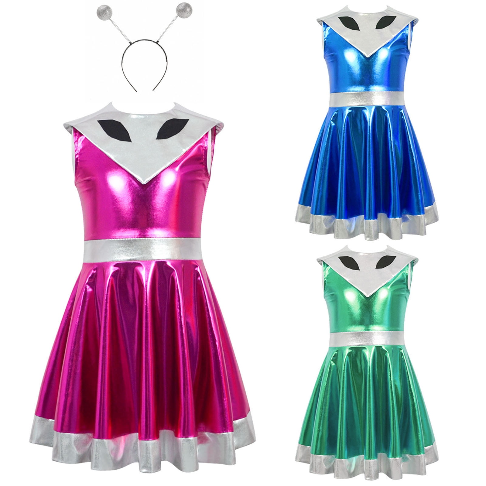 MKOSPLRT Girls Alien Space Man Dress Up Metallic Dress with Arm Sleeves ...