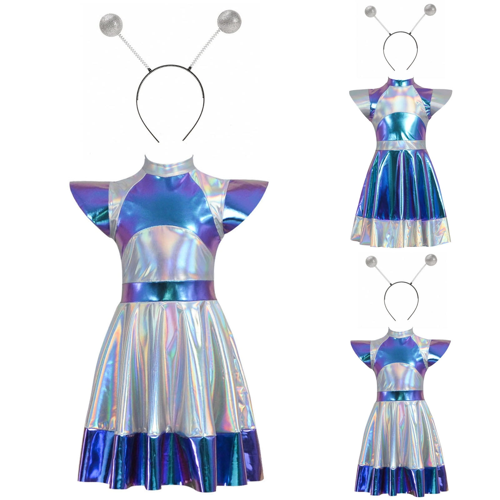 MKOSPLRT Girls Alien Space Man Dress Up Metallic Dress with Arm Sleeves ...