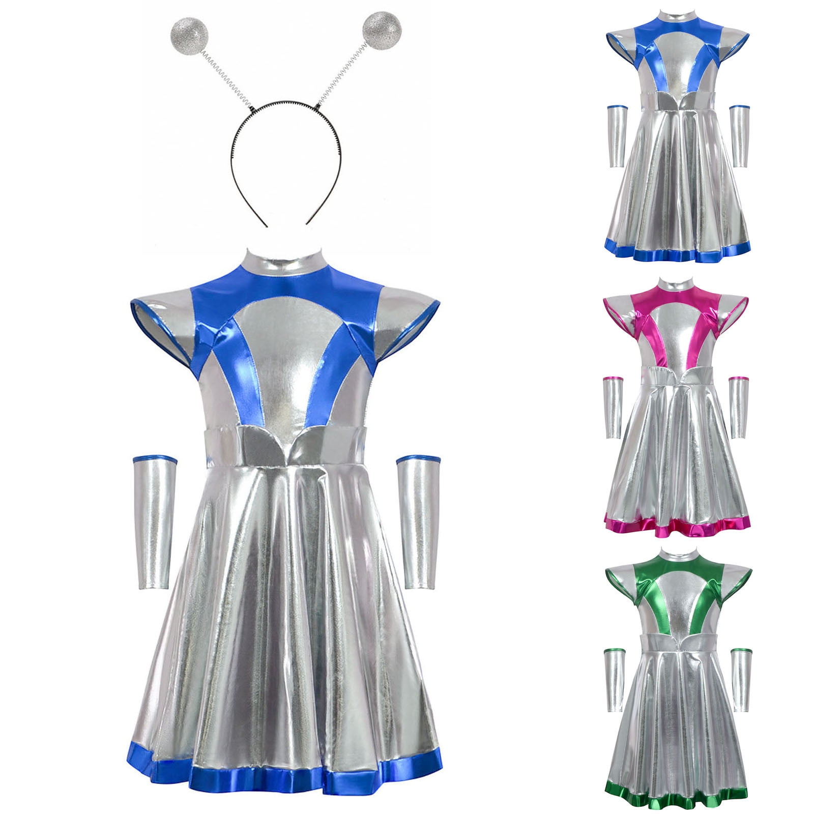 MKOSPLRT Girls Alien Space Man Dress Up Metallic Dress with Arm Sleeves ...