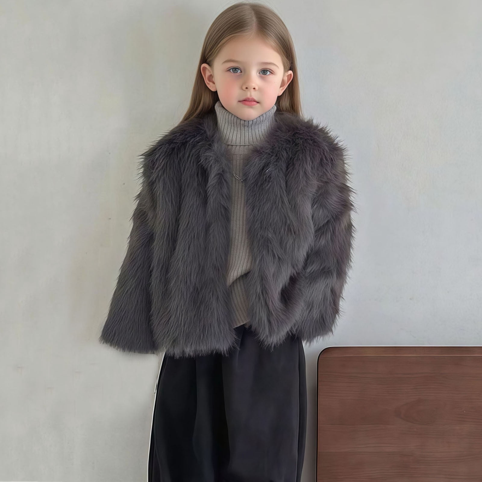 MKOSPLRT Girls Faux Fur Coat Open Front Furry Coats Long Sleeve Parka ...