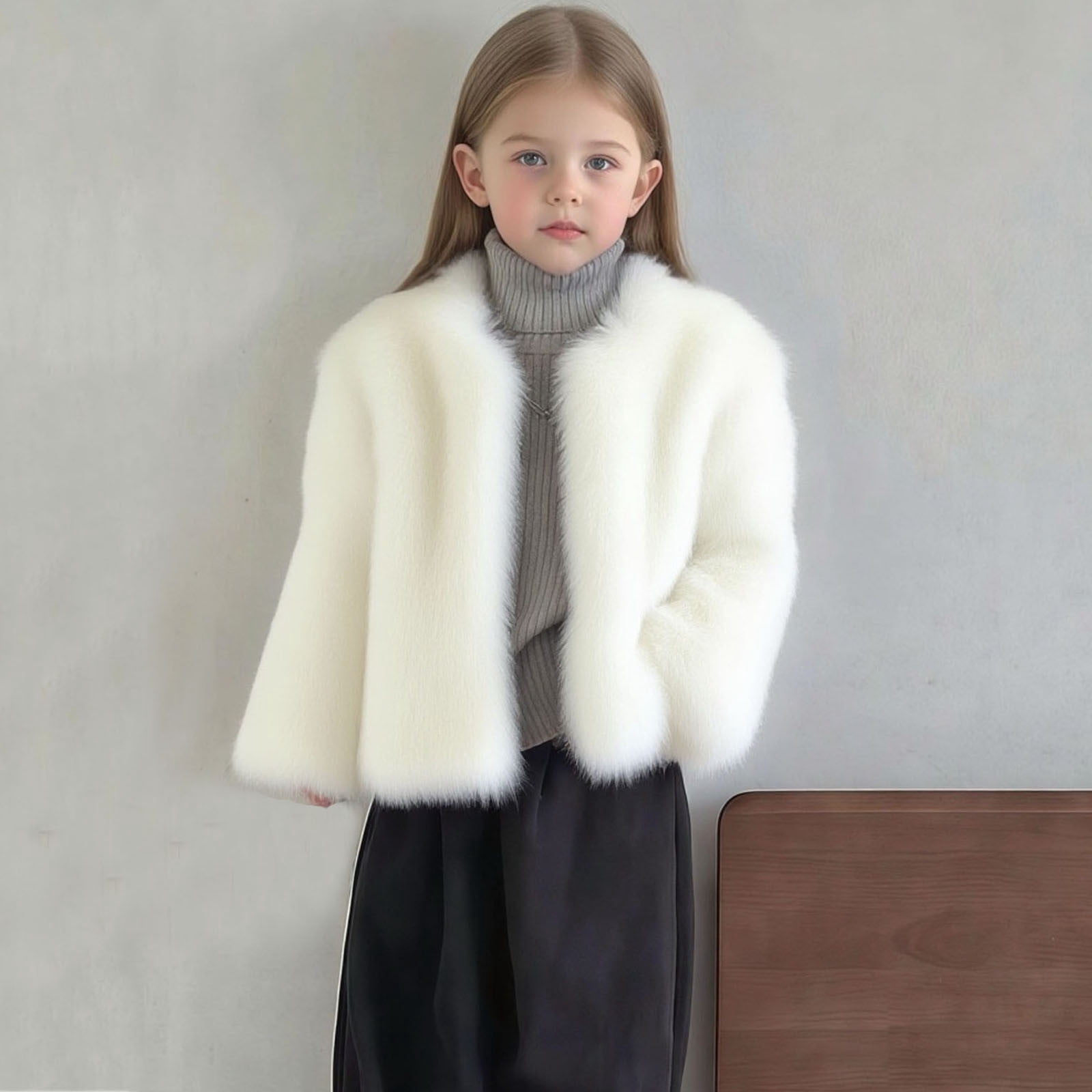 MKOSPLRT Girls Faux Fur Coat Open Front Furry Coats Long Sleeve Parka ...