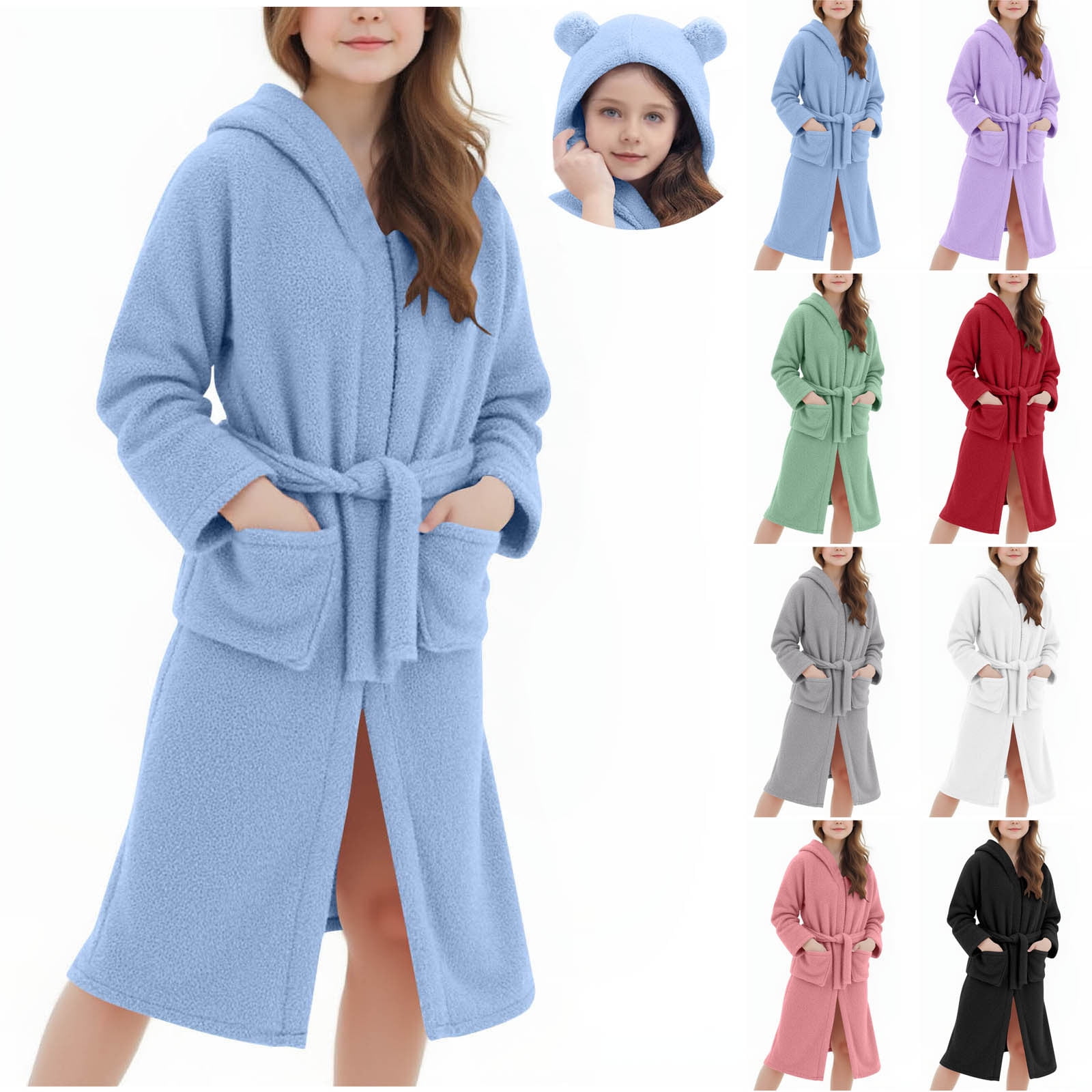 MKOSPLRT Girls Fleece Robe Hooded Fuzzy Long Bathrobe Warm Plush ...