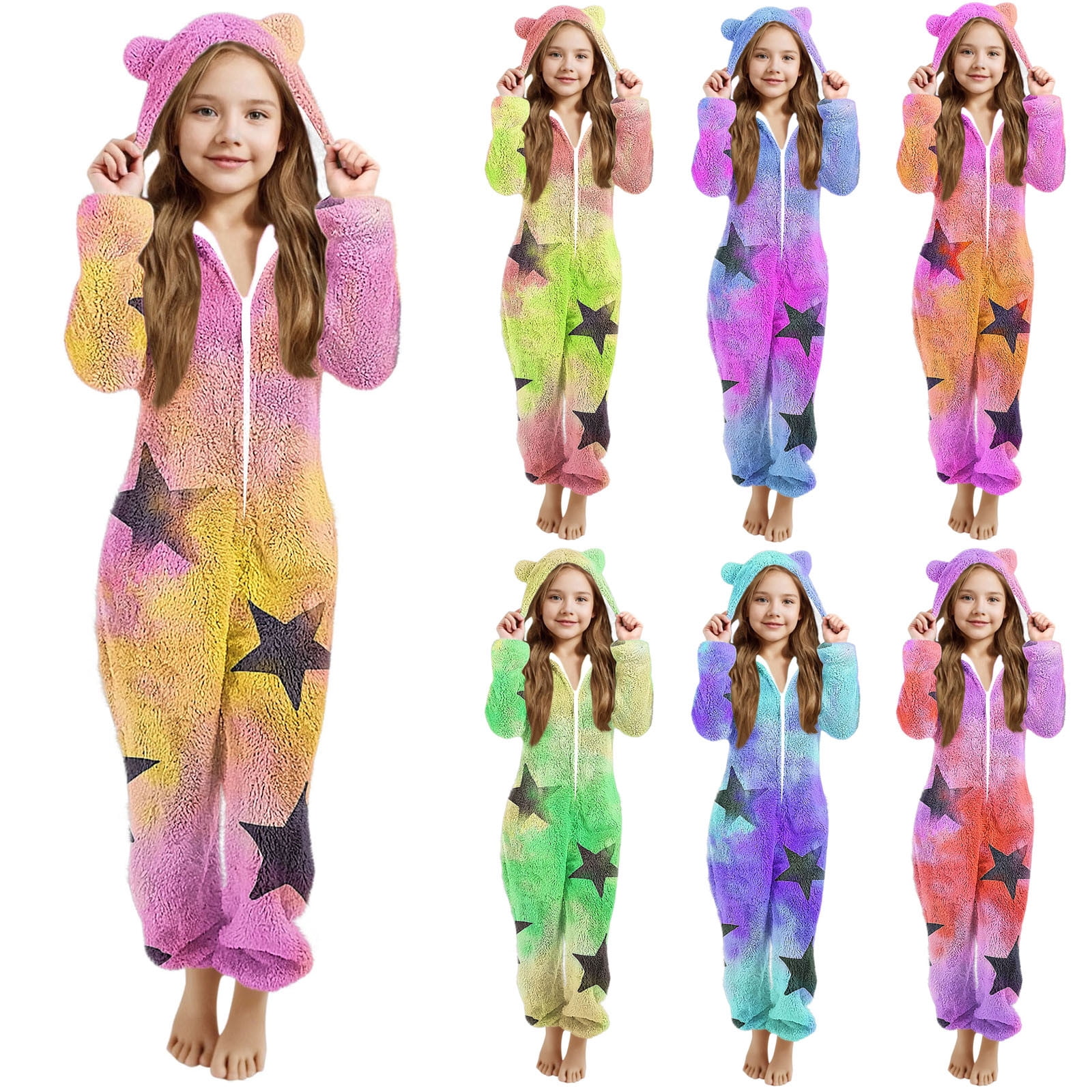 MKOSPLRT Girls Fleece Zip Up Jumpsuits Kids Hooded Rompers Fuzzy Onesie ...