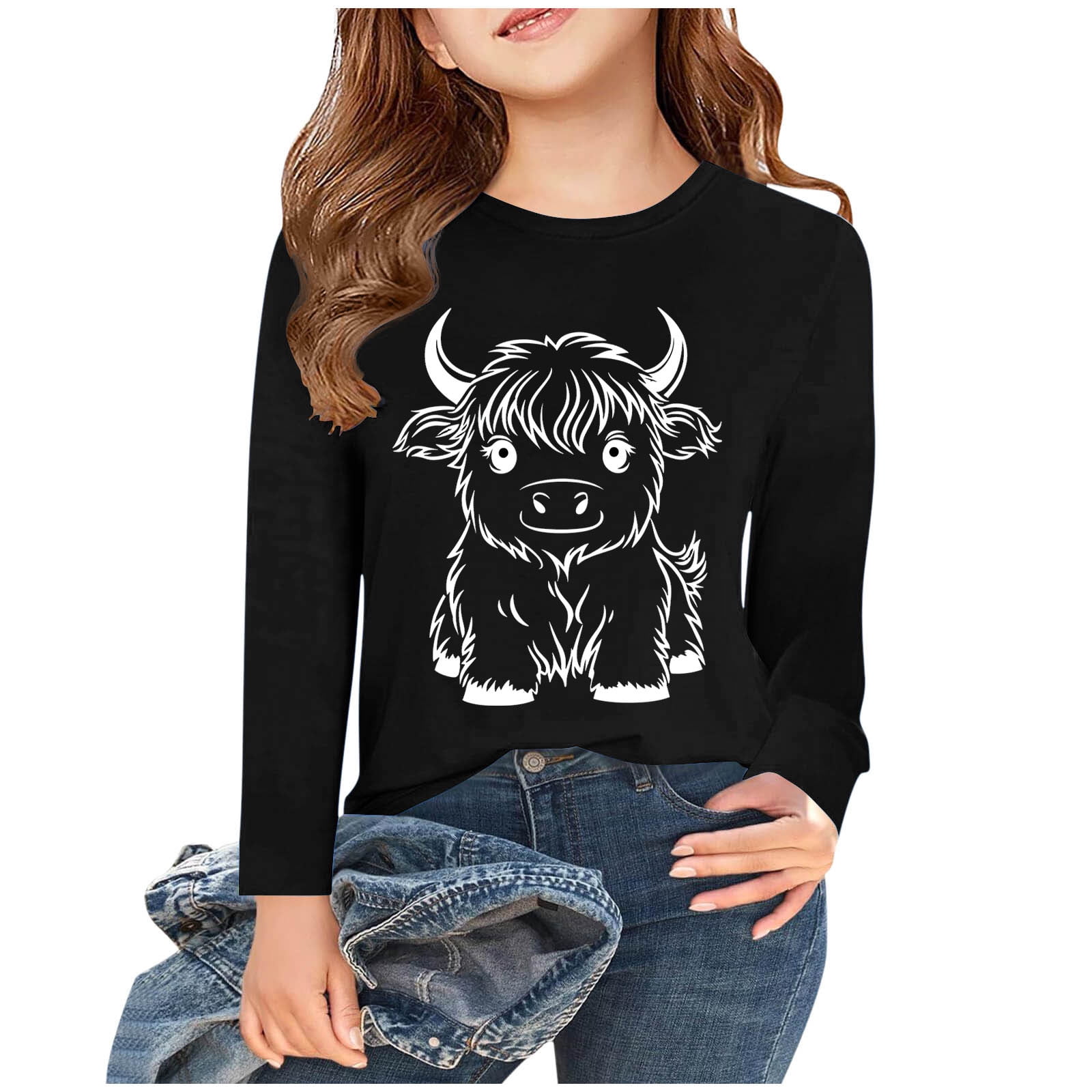 MKOSPLRT Girls Highland Cow Shirts Crew Neck Westerna Cow Print T ...