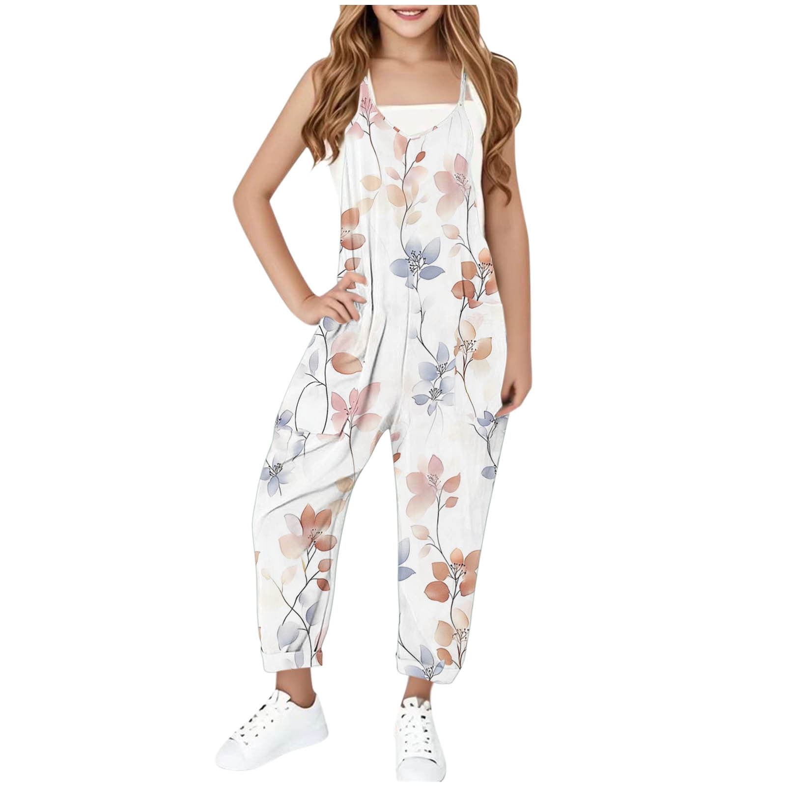 MKOSPLRT Girls Jumpsuits V Neck Spaghetti Strap Jumpsuits Baggy Harem ...
