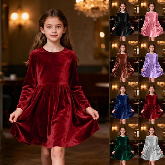 MKOSPLRT Girls' Velvet Dress Long Sleeve Crew Neck Ruffle Hem Formal A ...