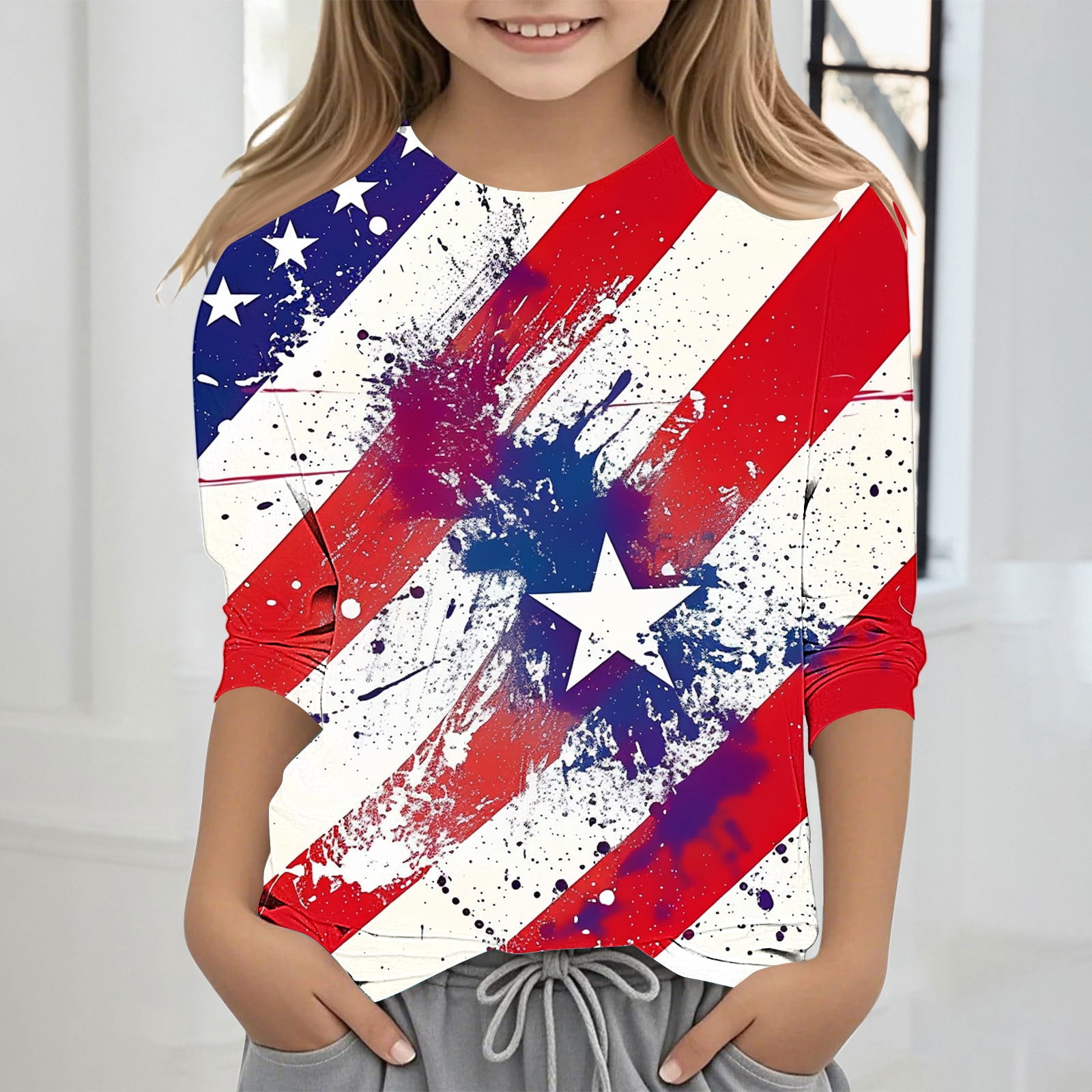 MKOSPLRT Kids USA Star Stripes Fourth July Tee Shirts 3/4 Sleeve Crew ...