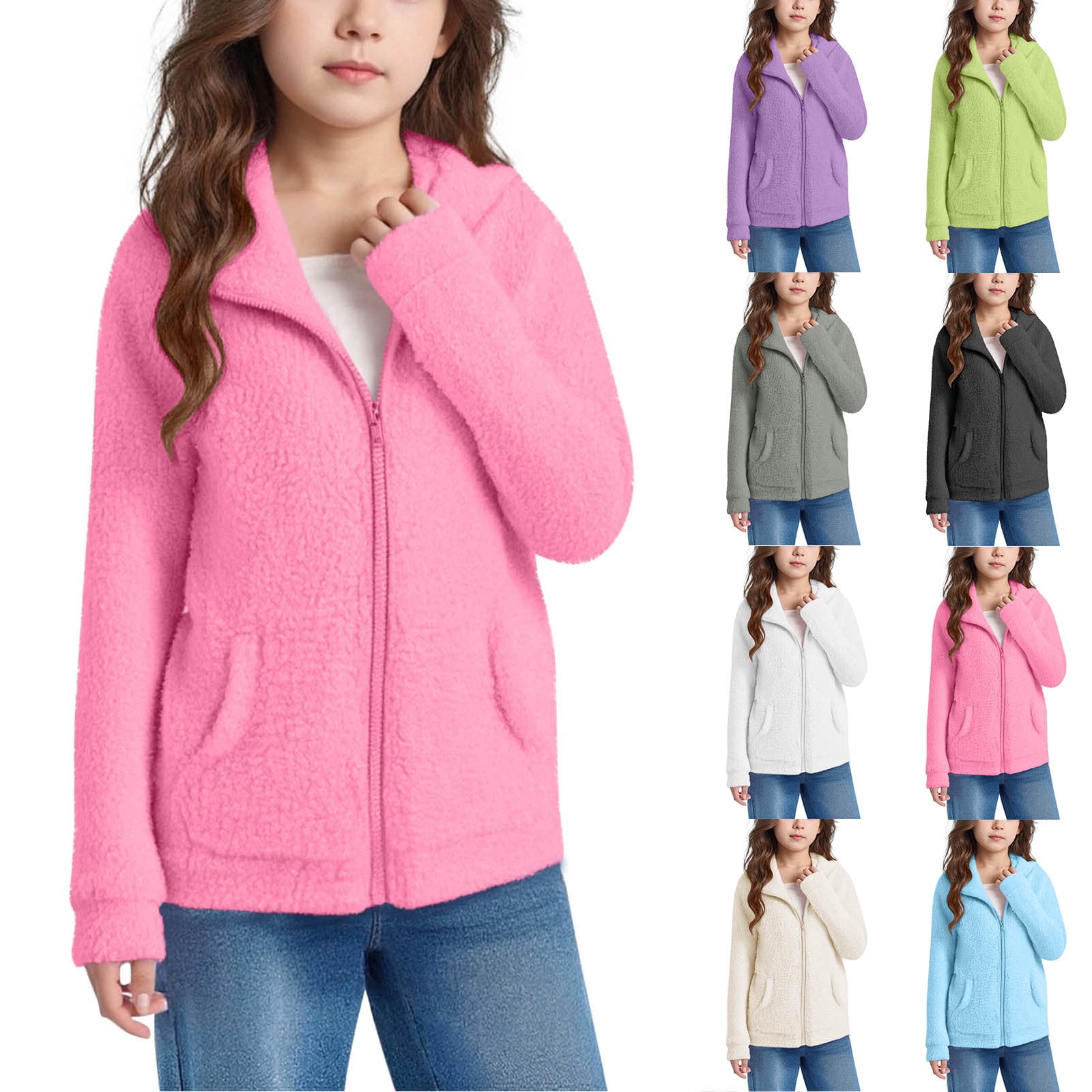 MKOSPLRT Loose Plush Jacket for Girl 5-14Y Full Zip Fleece Hoodies Long ...