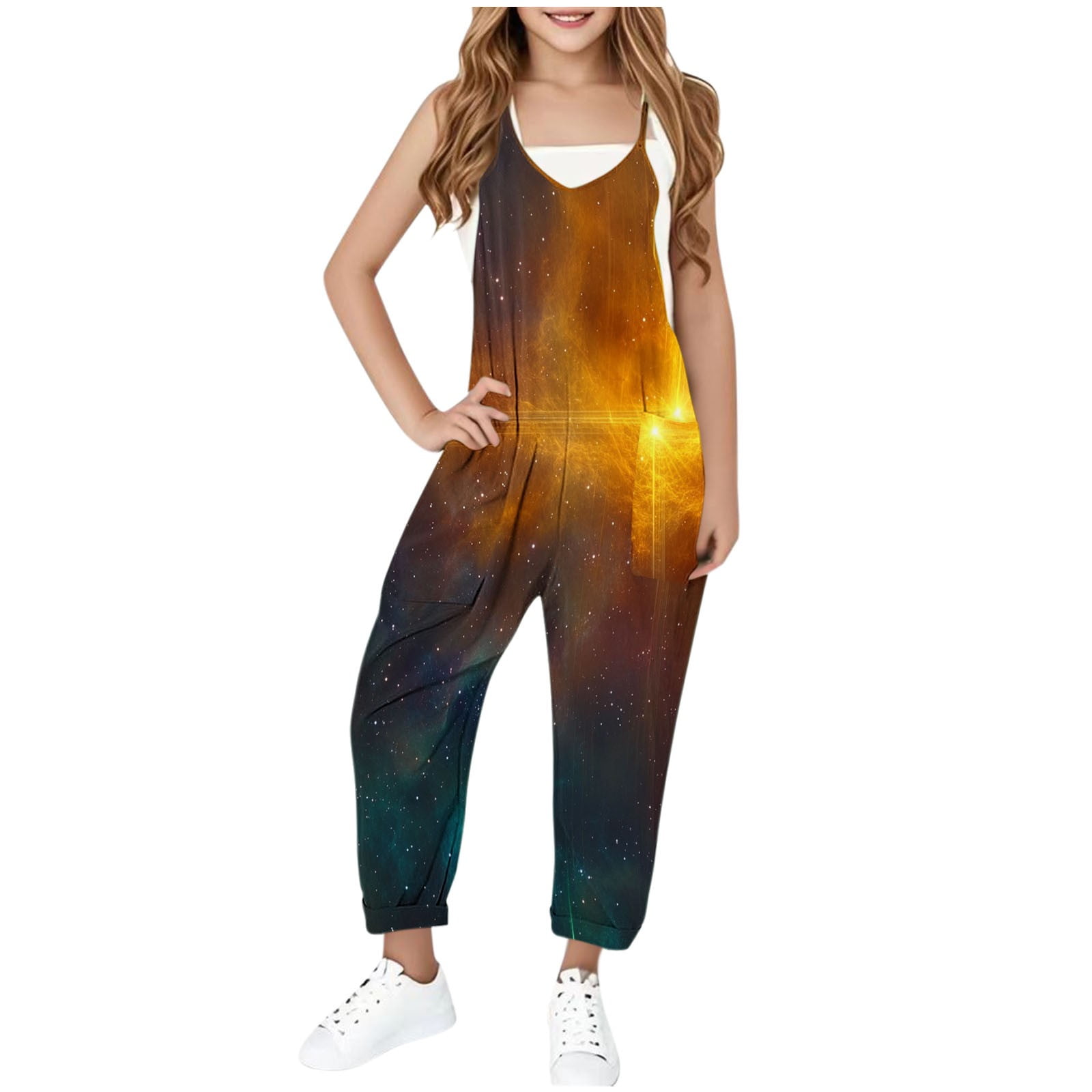 MKOSPLRT One Piece Jumpsuits for Girl V Neck Sleeveless Overall Harem ...