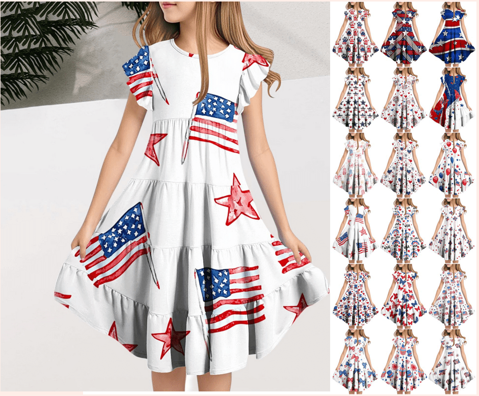 MKOSPLRT Red White Blue Girls' Party Dress 6-15 Years Ruffle Sleeve ...