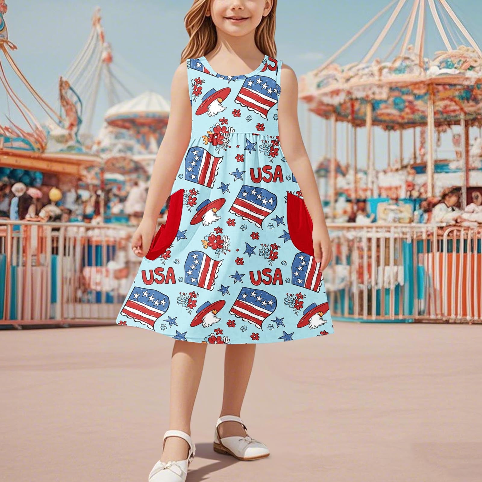 MKOSPLRT Red White and Blue Dress for Girls 3-14 Yeasr Sleeveless Crew ...