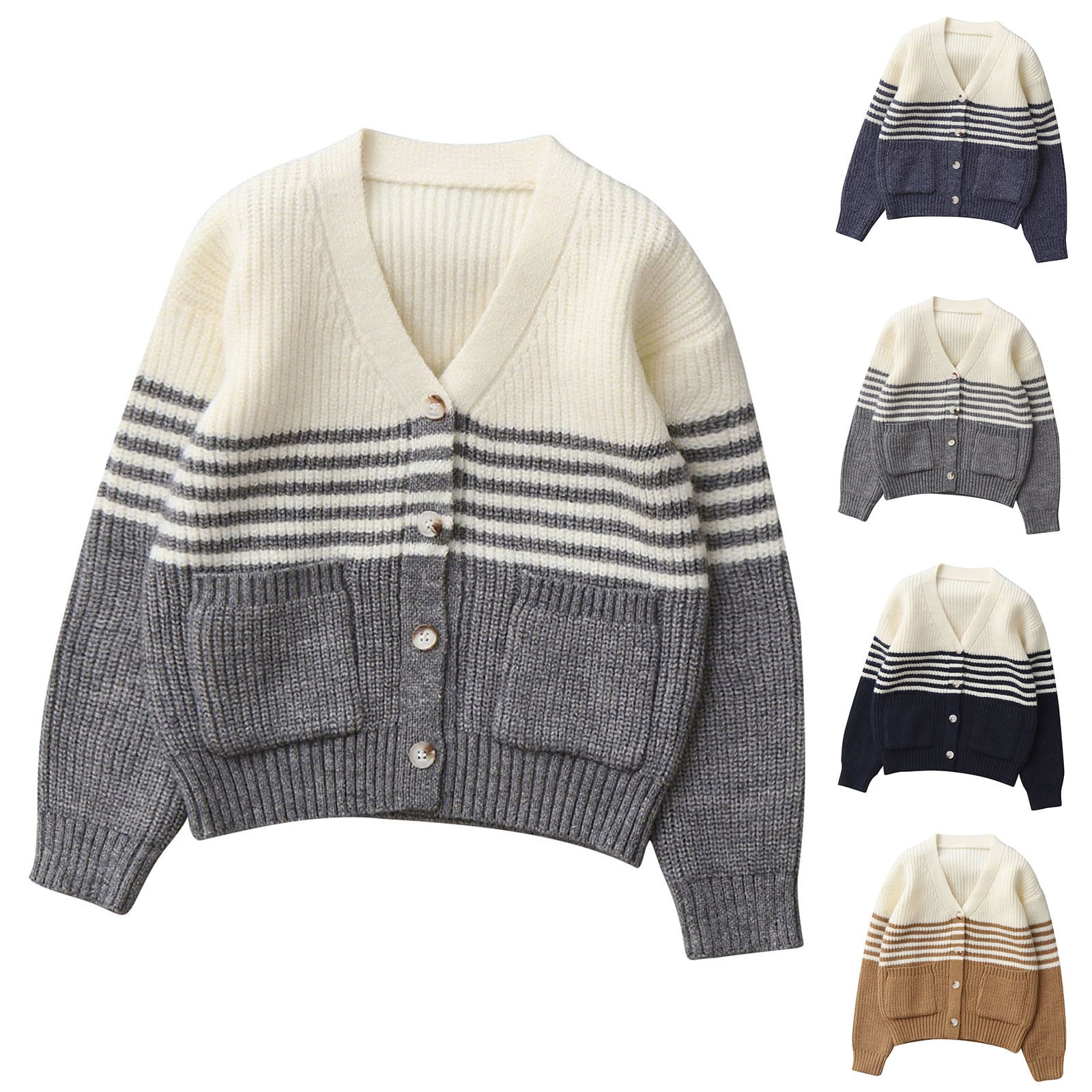 MKOSPLRT Striped Cardigans for Kids 5-14Y V Neck Button Down Knit ...