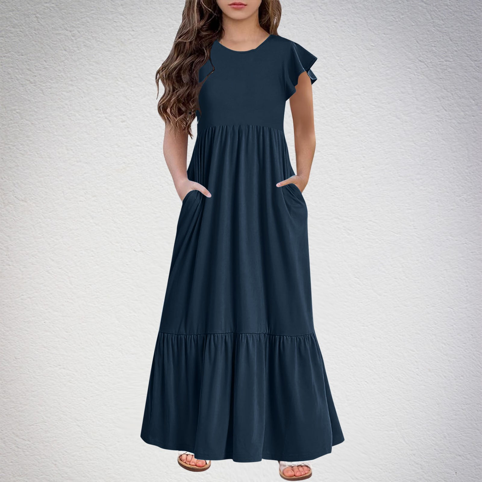 MKOSPLRT Summer Dresses for Girl 2025 Ruffle Sleeve Tiered Maxi Dress ...
