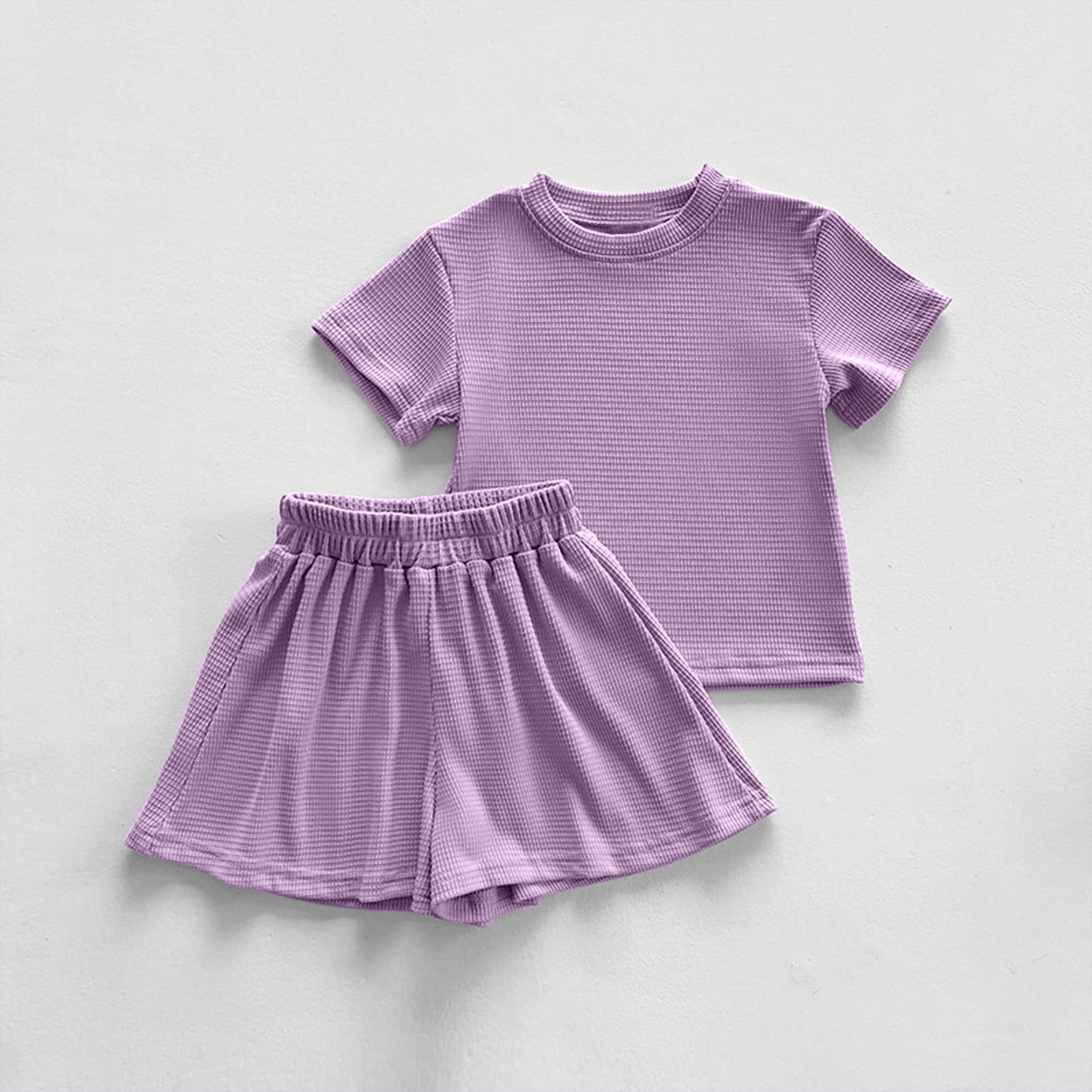 MKOSPLRT Waffle Outfits for Little Girl 12M-10Years Solid Color Lounge Sets 2 Piece Short Sleeve ...