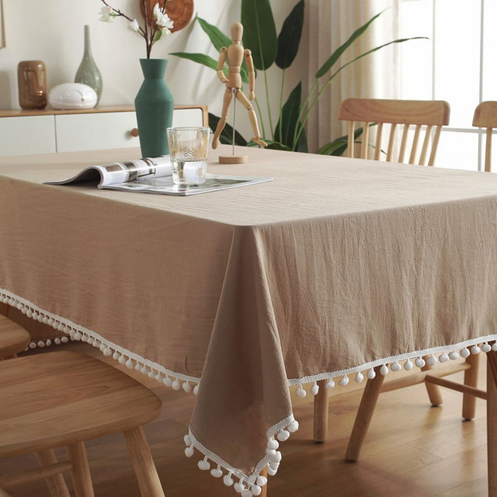 ML Farmhouse Solid Color Tablecloths Cotton Square Fabric Pompom Tassel ...