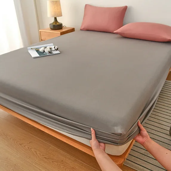 ML Washed Cotton Bed Cover Solid Fitted Bed Sheet With Elastic Band ...