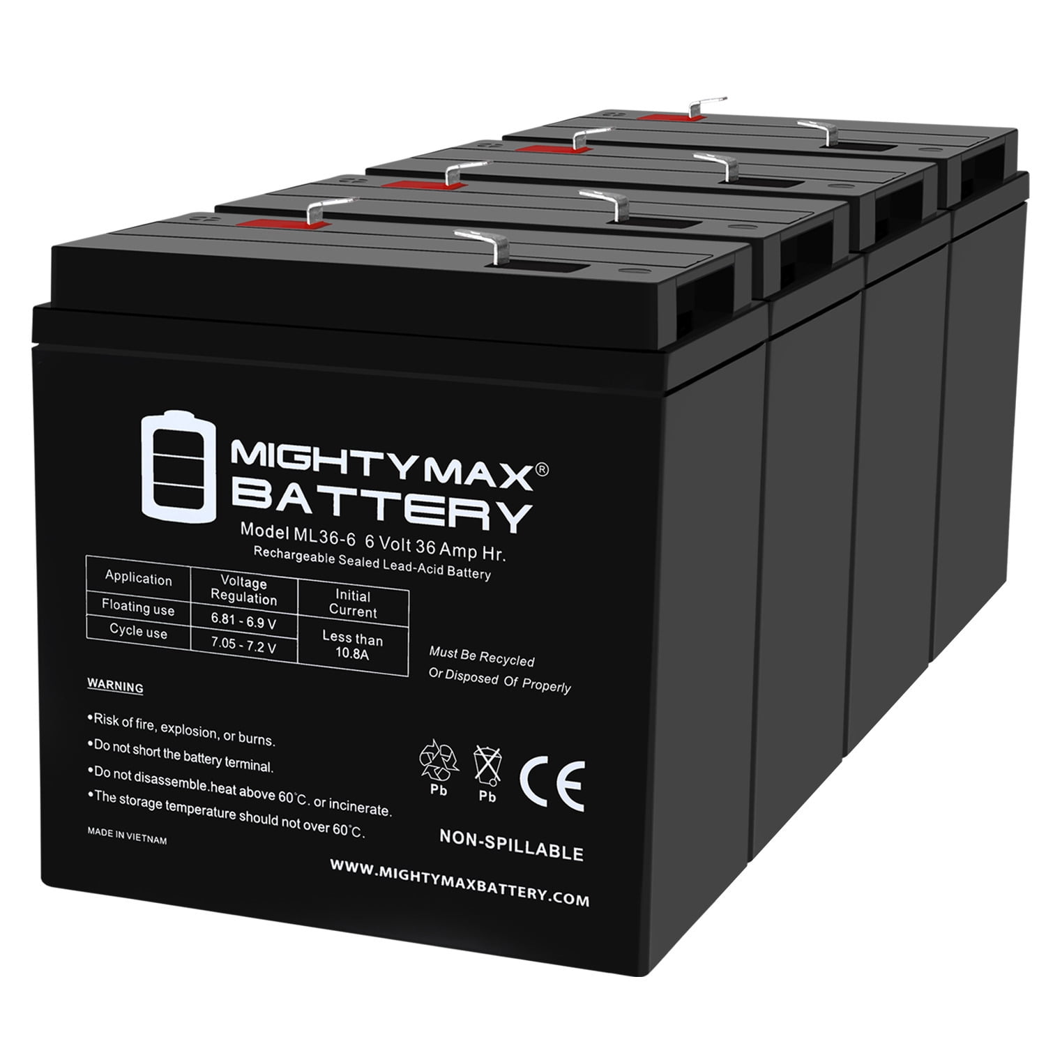 ML36-6 - 6 Volt 36 AH, F2 Terminal, Rechargeable SLA AGM Battery - 4 ...