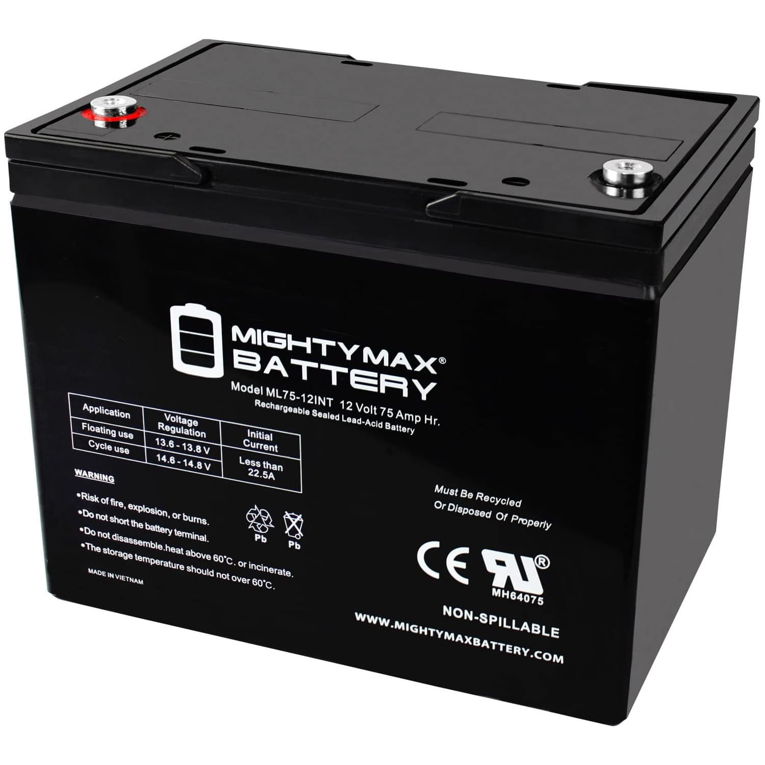 Mighty Max ML75-12INT 12V 75AH Internal Thread Terminal, Rechargeable SLA AGM Battery - Walmart.com