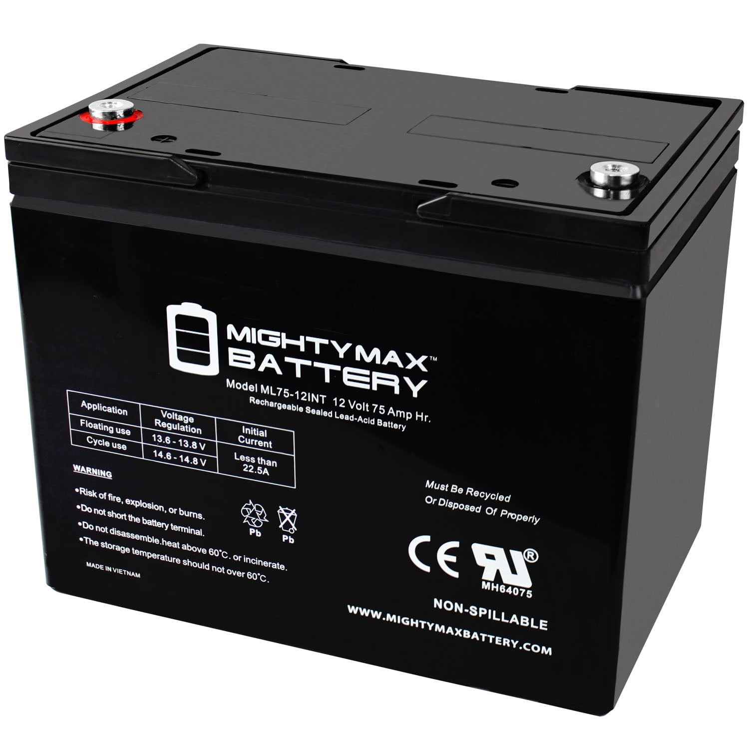 Mighty Max ML75-12INT 12V 75AH Internal Thread Terminal, Rechargeable ...