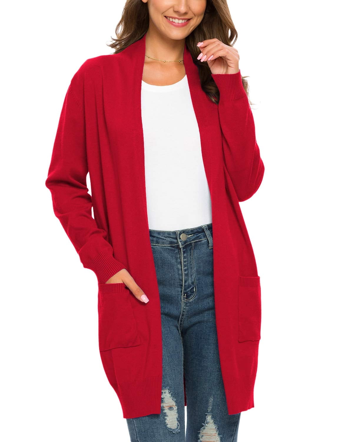 MLANM Essential Solid Open Front Long Knited Cardigan Sweater for Women ...