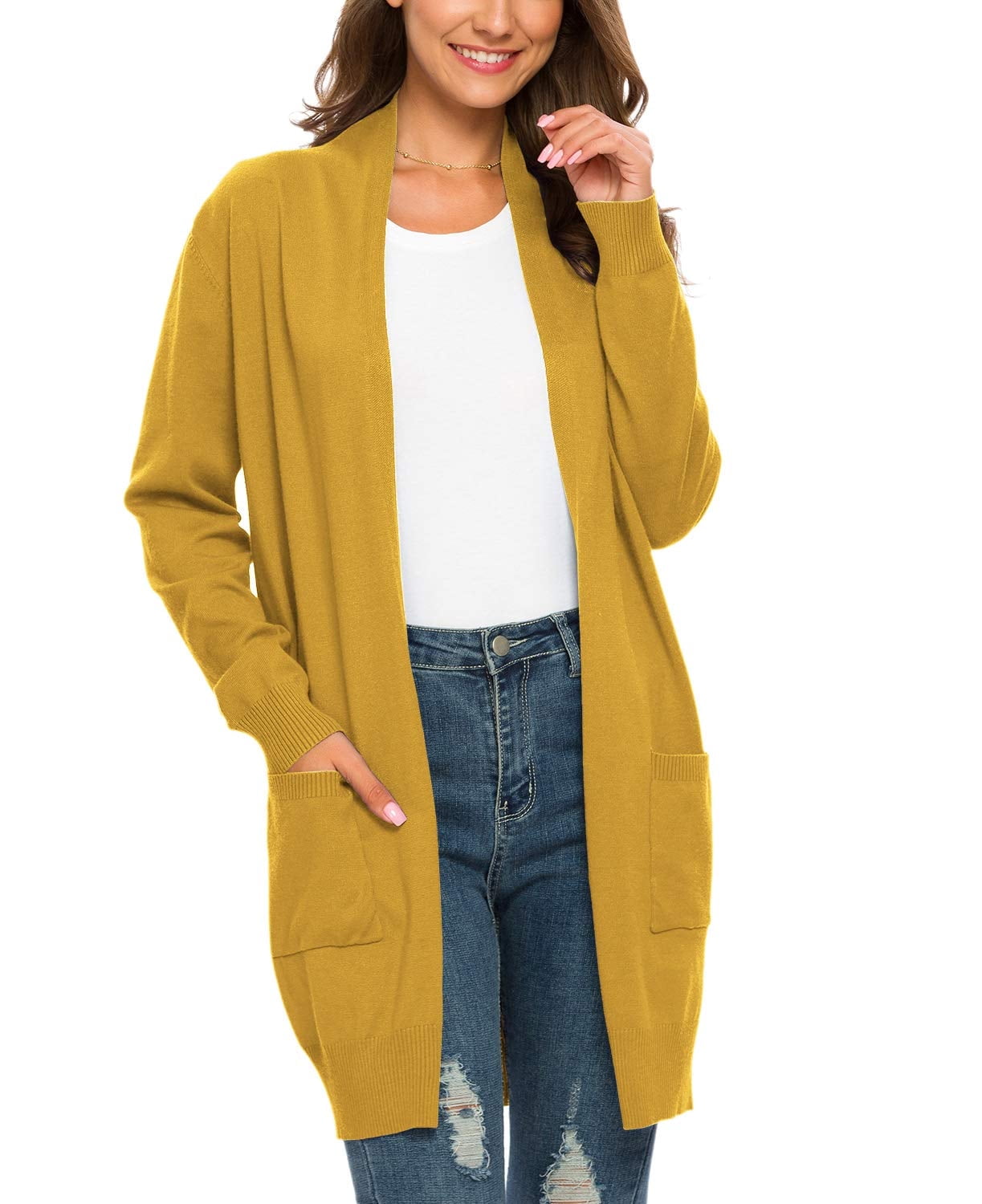 MLANM Essential Solid Open Front Long Knited Cardigan Sweater for Women ...