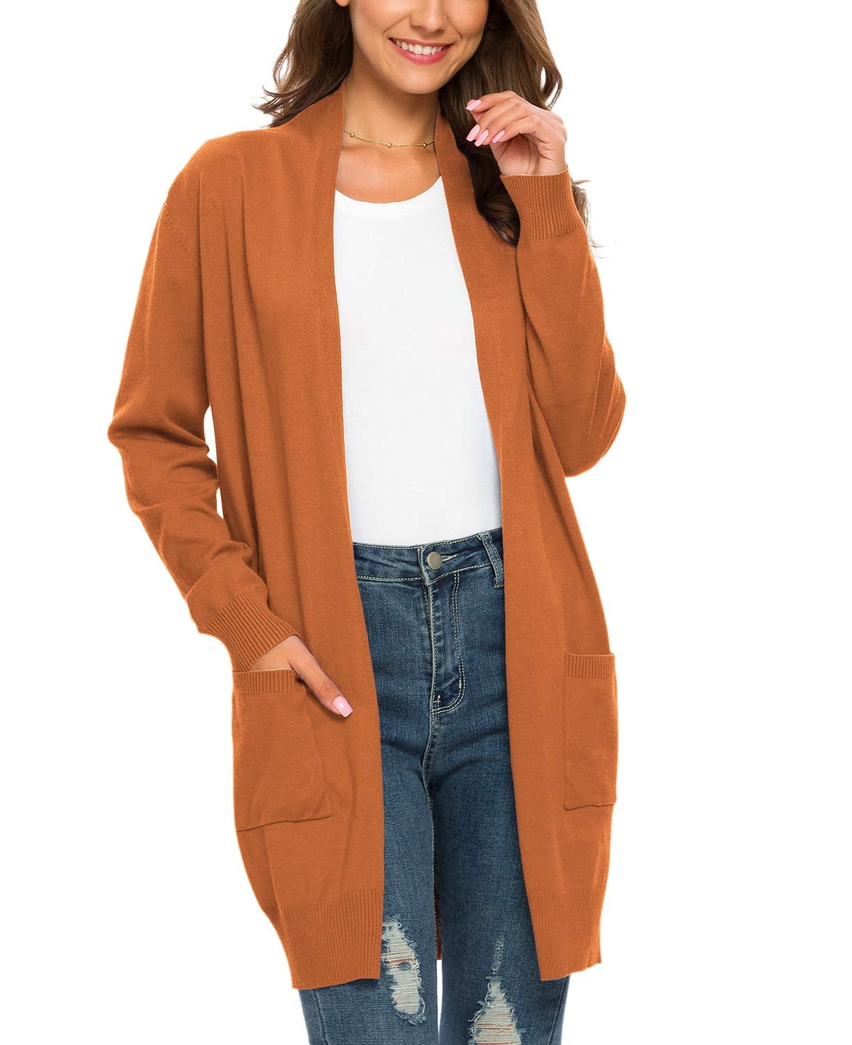 MLANM Essential Solid Open Front Long Knited Cardigan Sweater for Women ...