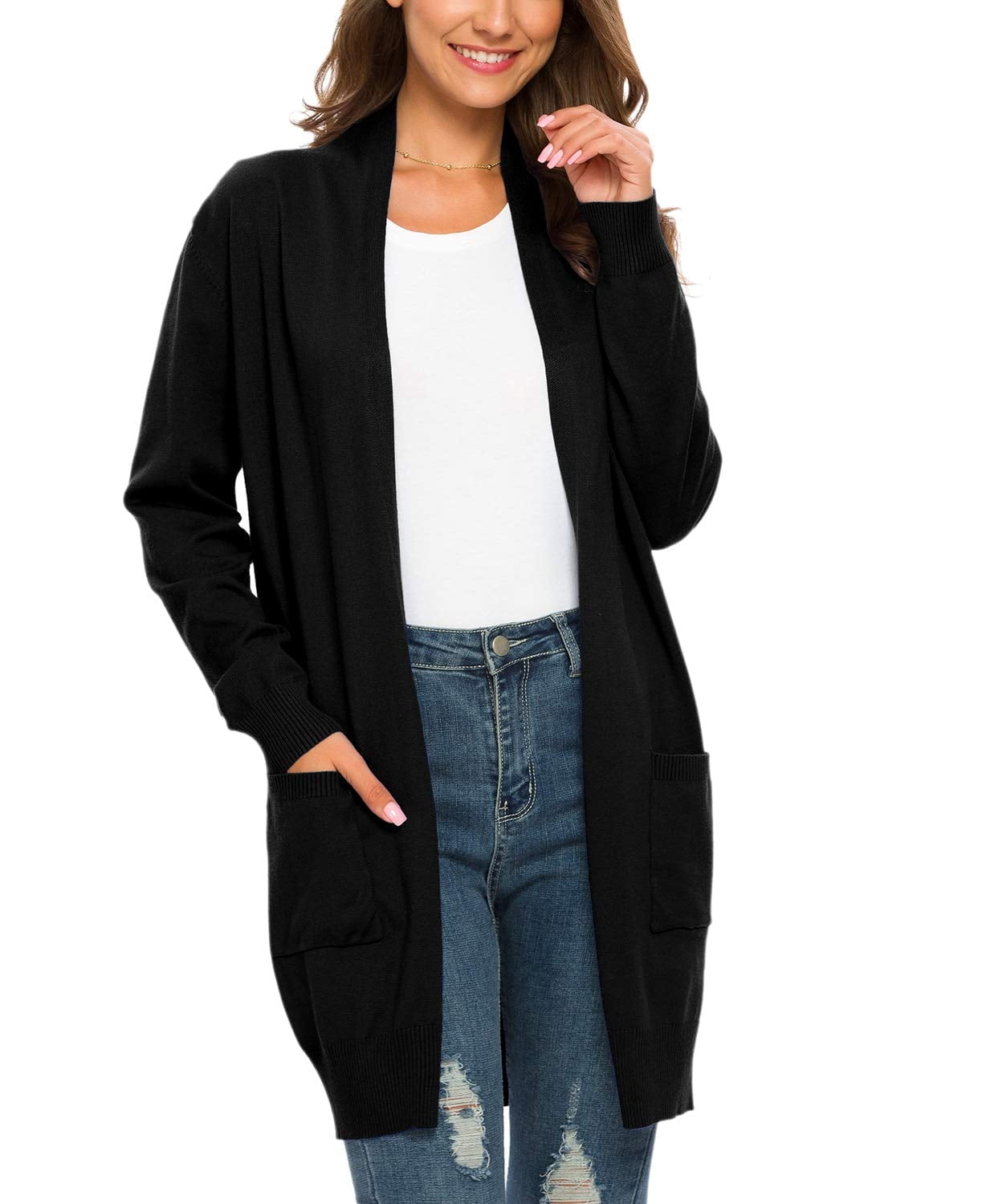 MLANM Essential Solid Open Front Long Knited Cardigan Sweater for Women ...
