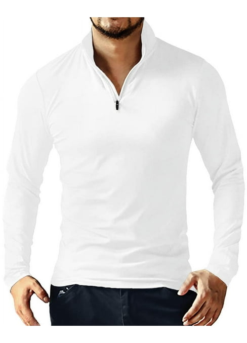 MLANM Mens Casual Long Sleeve Plaid Collar Polo Shirt Slim Fit Basic ...