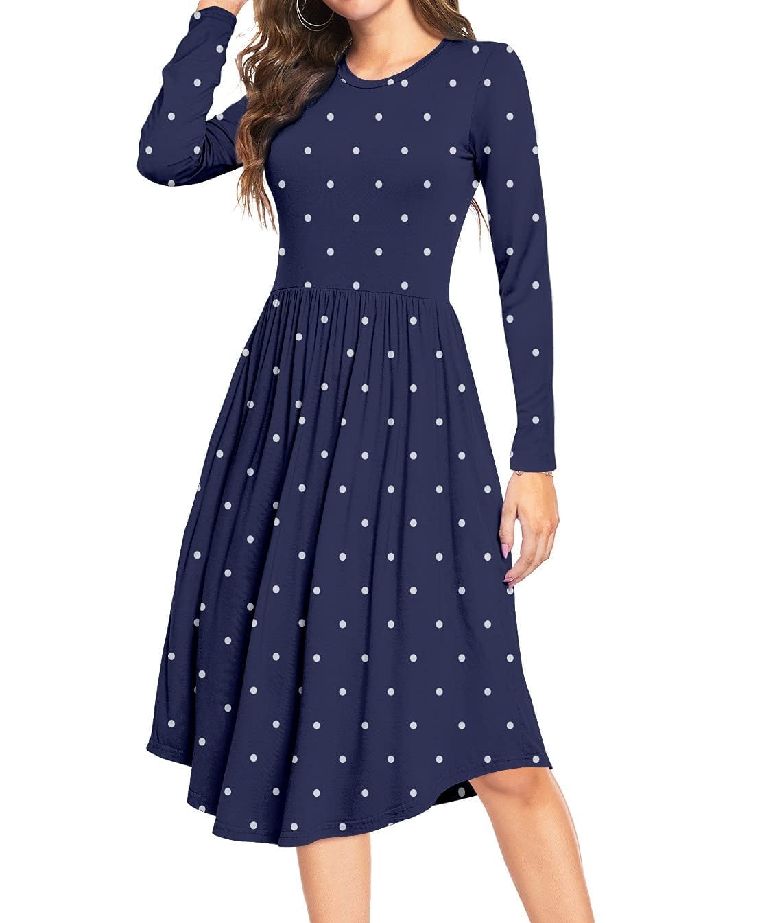 MLANM Women Long Sleeve Polka Dot Casual Modest Work Midi Knee Length ...