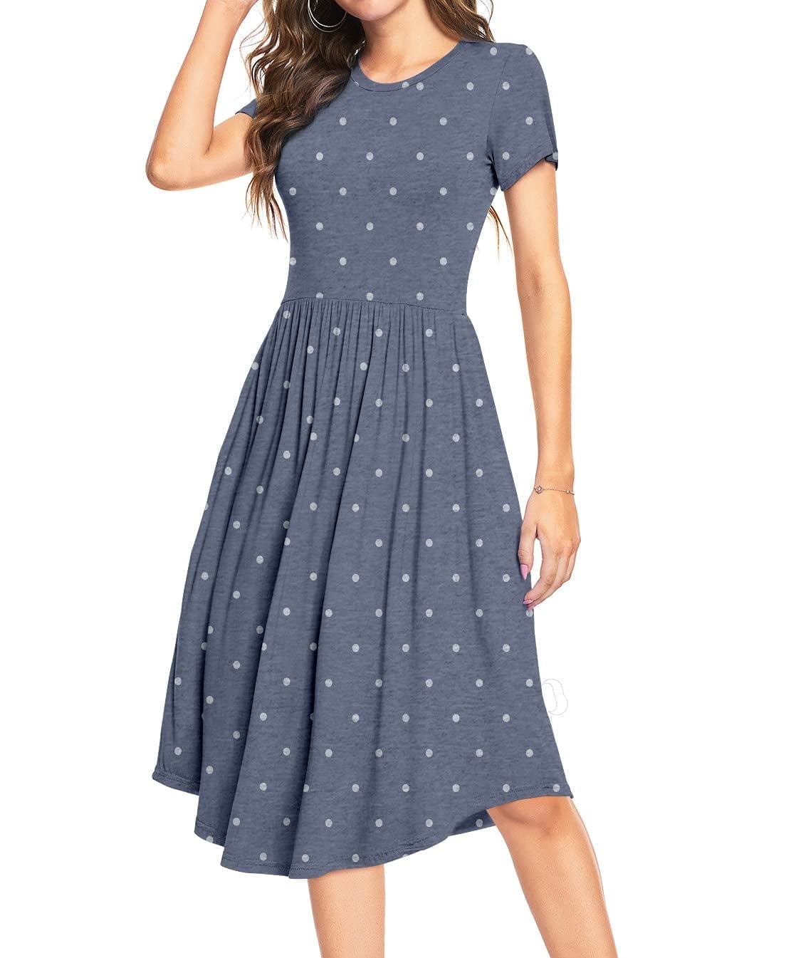 MLANM Women Short Sleeve Polka Dot Midi Casual Swing Pleated Empire ...