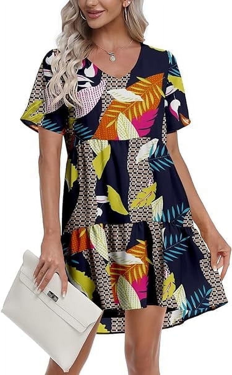 MLANM Women Summer Tunic Dress V Neck Casual Loose Flowy Swing Shift ...