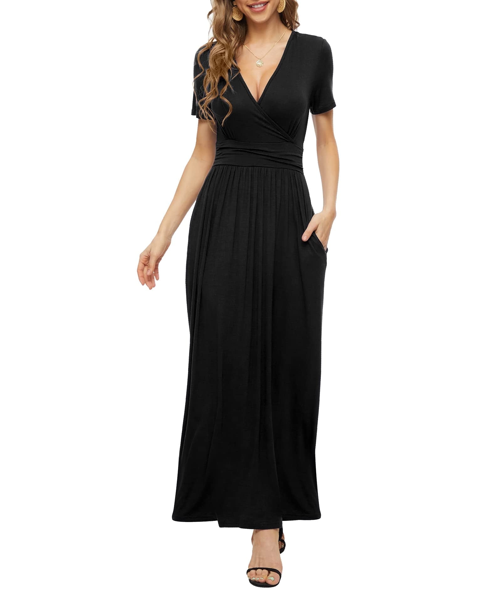 MLANM Women's Empire Waist Maxi Dress Casual V Neck Long Dresses with ...