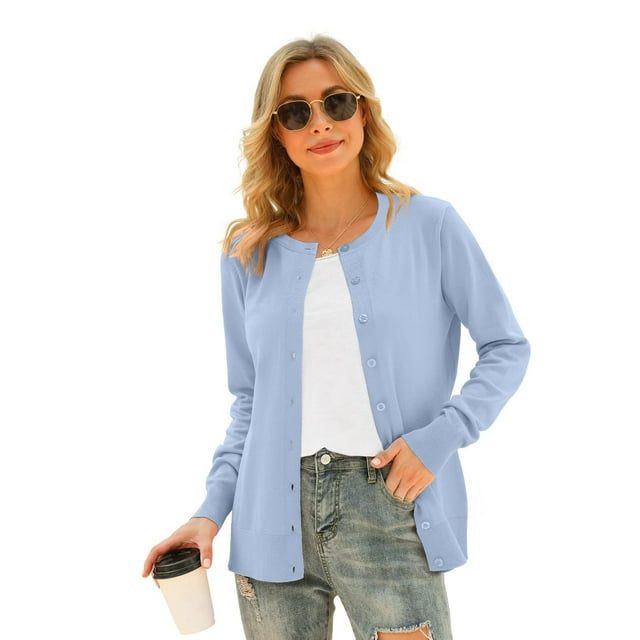 Mlanm Womens Long Sleeve Button Down Crew Neck Classic Sweater Knit