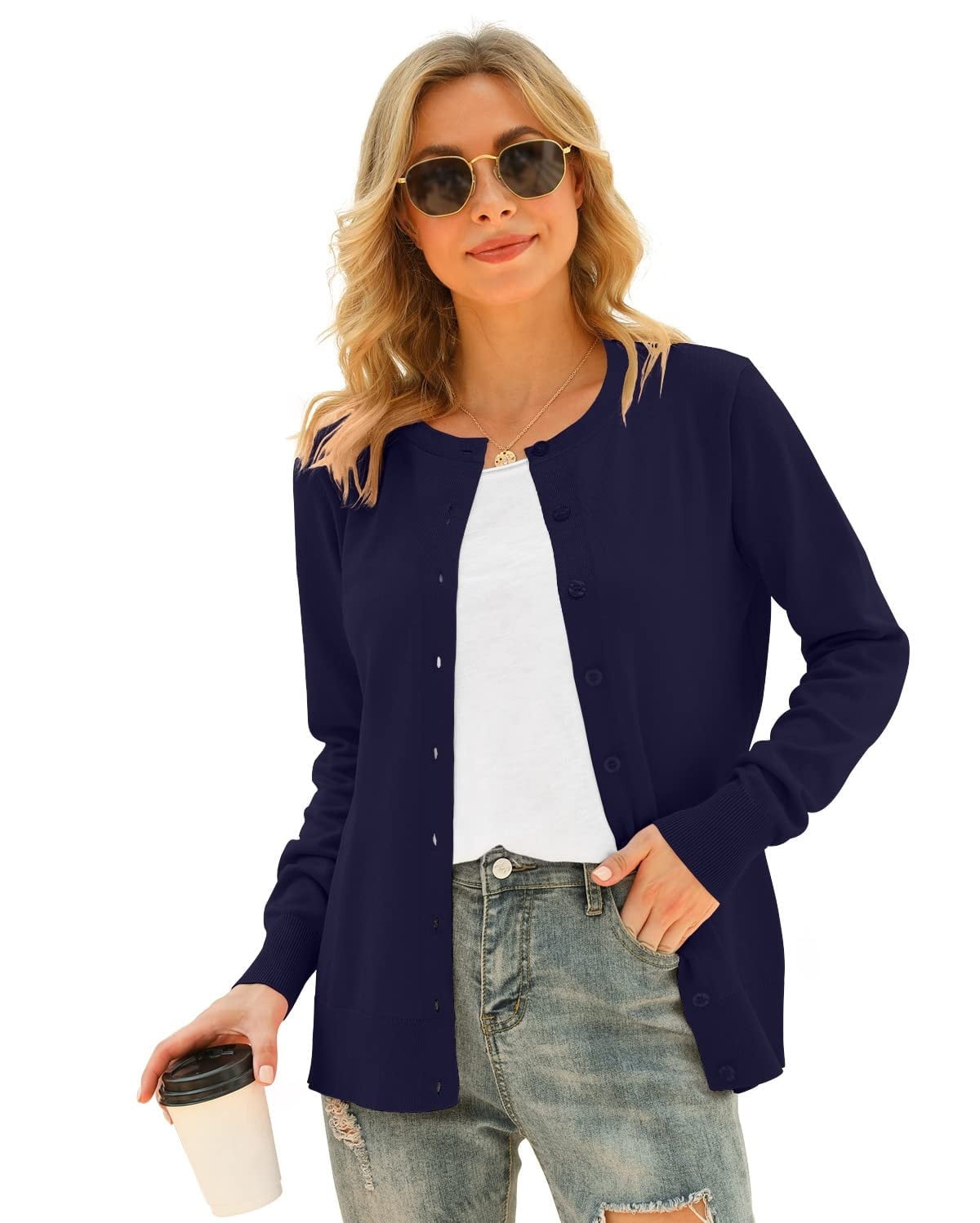 MLANM Women's Long Sleeve Button Down Crew Neck Classic Sweater Knit ...