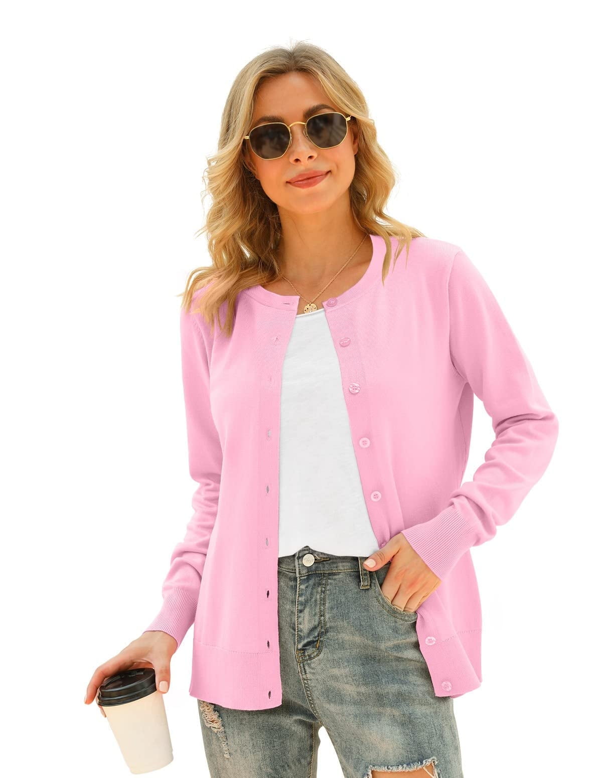 MLANM Women's Long Sleeve Button Down Crew Neck Classic Sweater Knit ...