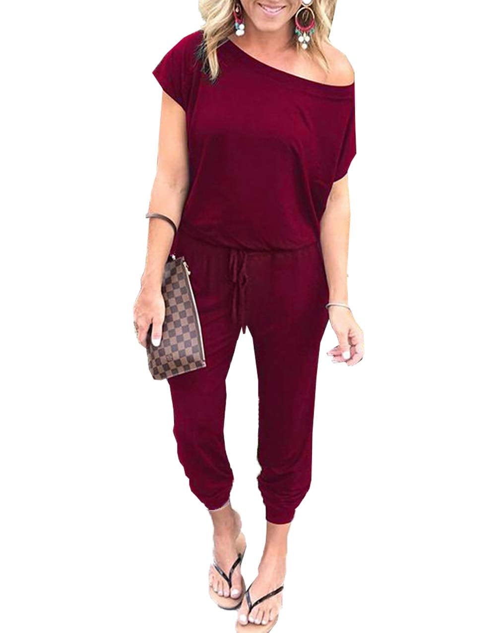MLANM Women's Off Shoulder Elastic Waist Long Romper Jumpsuit, Wine Red ...