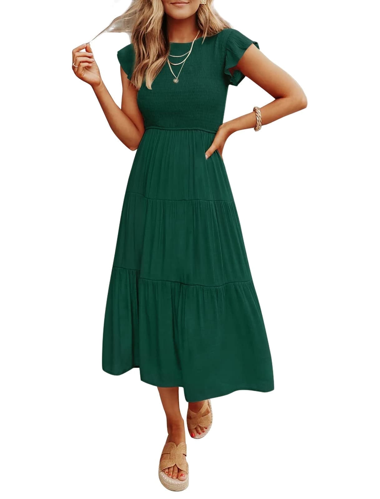 MLANM Women's Summer Casual Flutter Short Sleeve Crew Neck Smocked ...