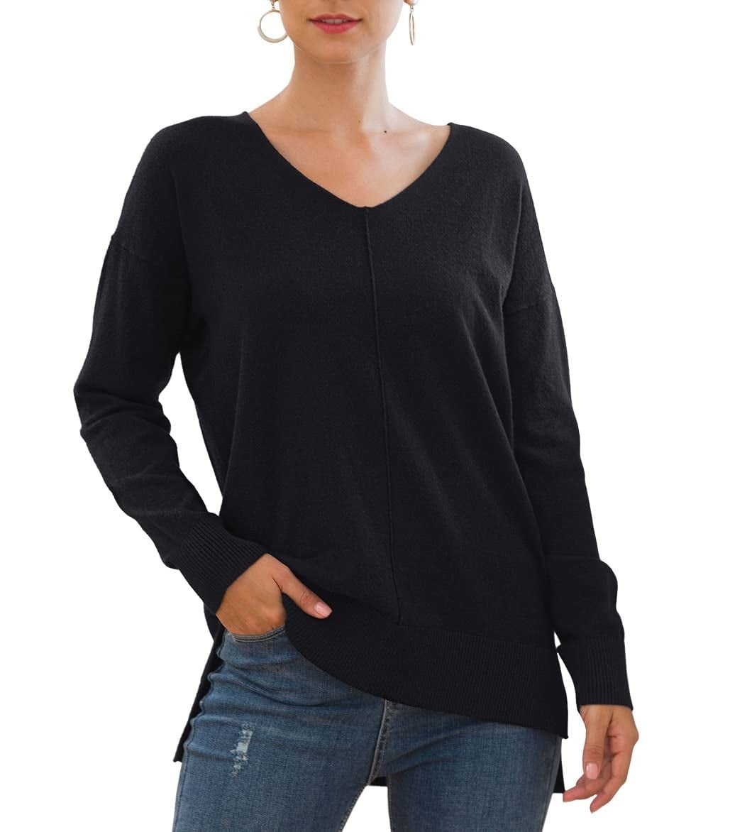 MLANM Women's V-Neck Long Sleeve Side Split Tunic, Casual Knit Pullover ...