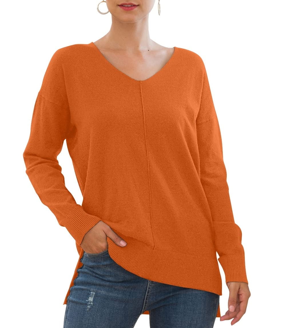 MLANM Women's V-Neck Long Sleeve Side Split Tunic Casual Knit Pullover ...