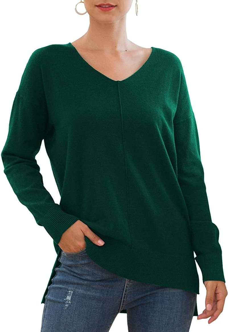 MLANM Women's V-Neck Pullover Sweaters Side Split Tunic Sweatshirt Casual Long Sleeve Knit tops ...