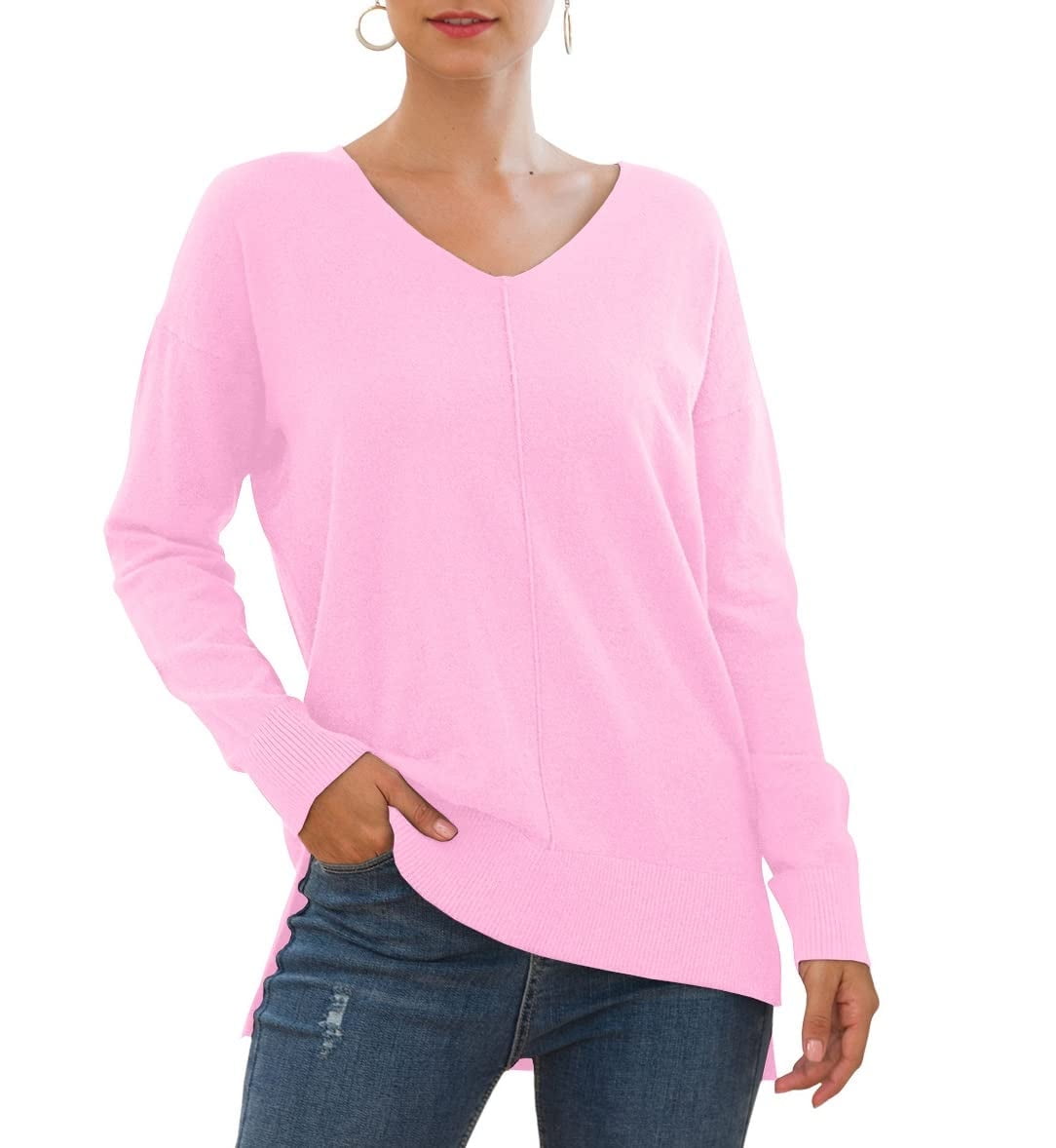 MLANM Women's V-Neck Pullover Sweaters Side Split Tunic Sweatshirt Casual Long Sleeve Knit tops ...